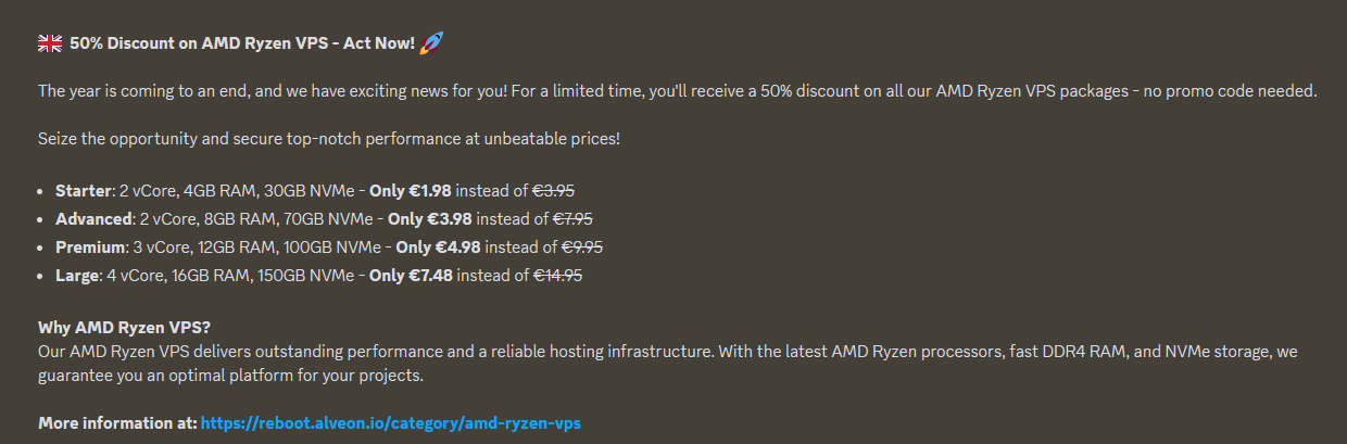Alveon新年活动 RYZEN 2C4G月付1.98欧